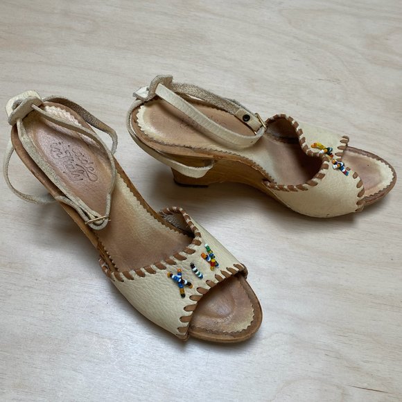 Shoes | Vintage Native American Wedge Leather Sandals With Beads | Poshmark